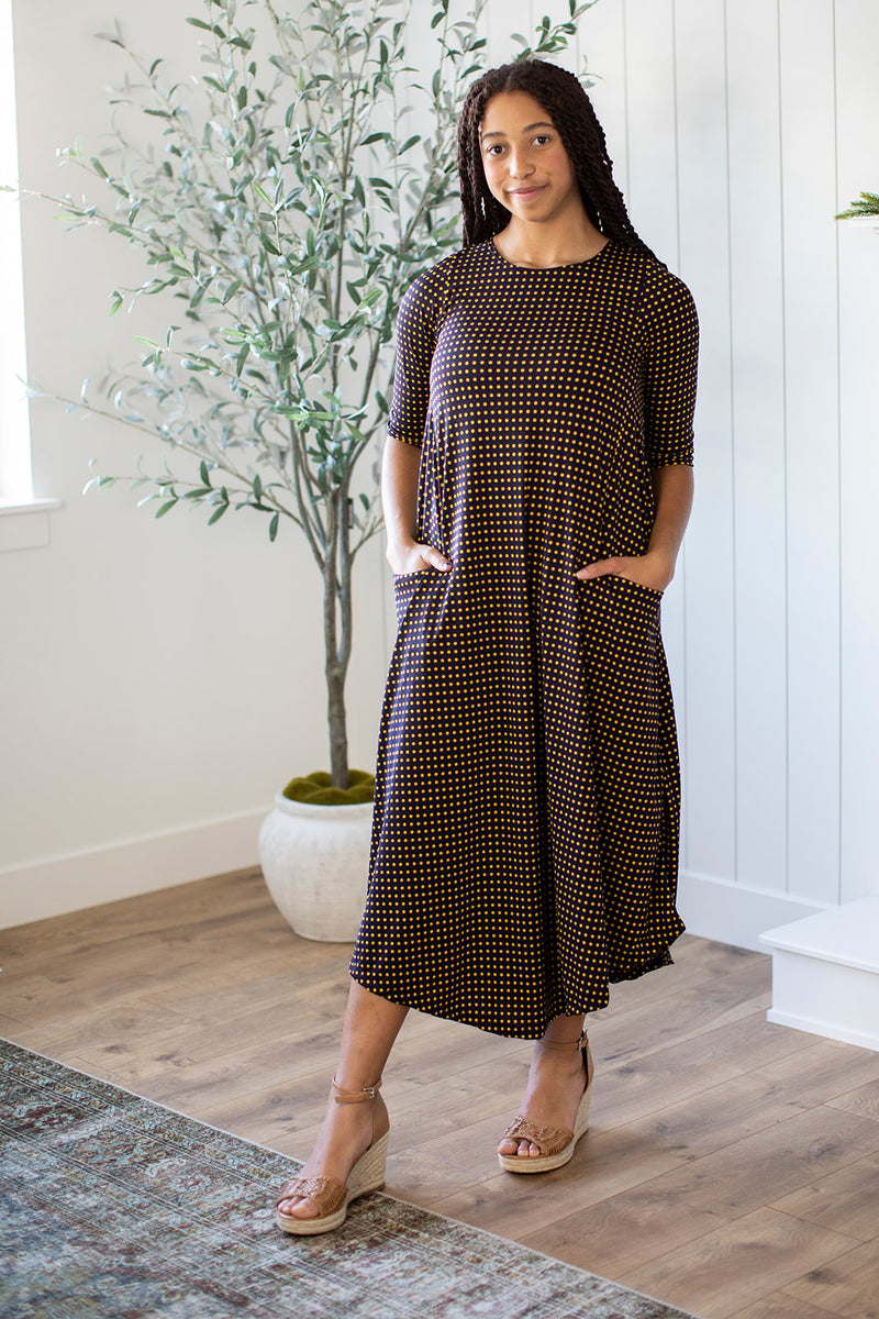 Jessi Dress Dark Navy & Gold Dot – london bridges clothing