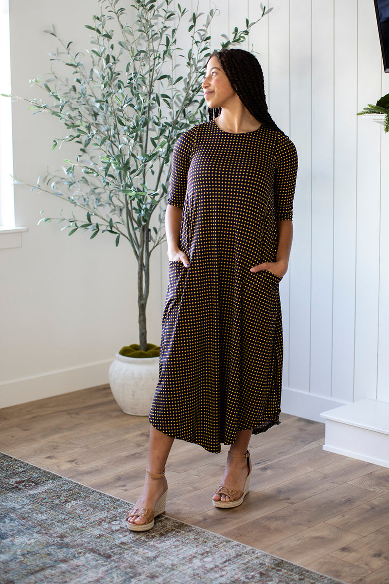 Jessi Dress Dark Navy & Gold Dot – london bridges clothing